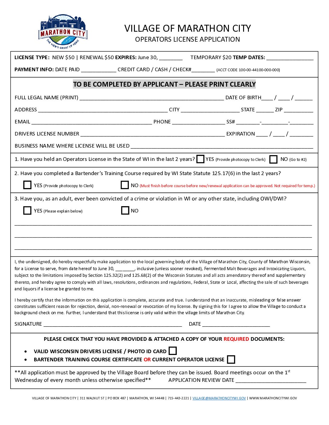 Operator License (New/Renewal/Temporary) - Fillable - Village of ...
