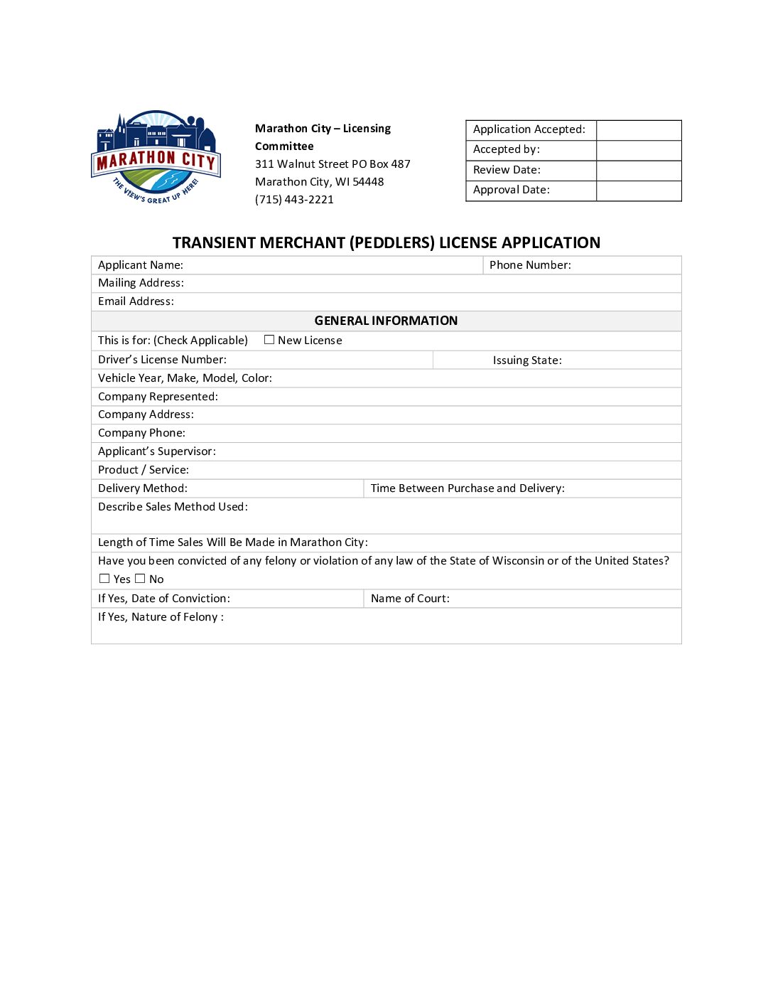 Transient Merchant (Peddlers) License Application - Fillable - Village of Marathon City
